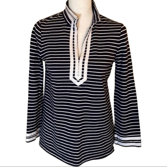 Talbots | Tops | Talbots Black White Stripe Cotton Split Neck Stretch Tunic Top Size Petite ...